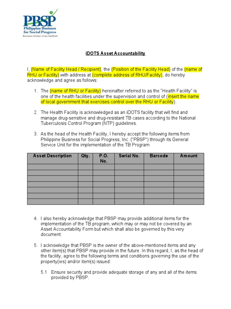 iDOTS Asset Accountability Agreement | PDF | Theft | Tuberculosis