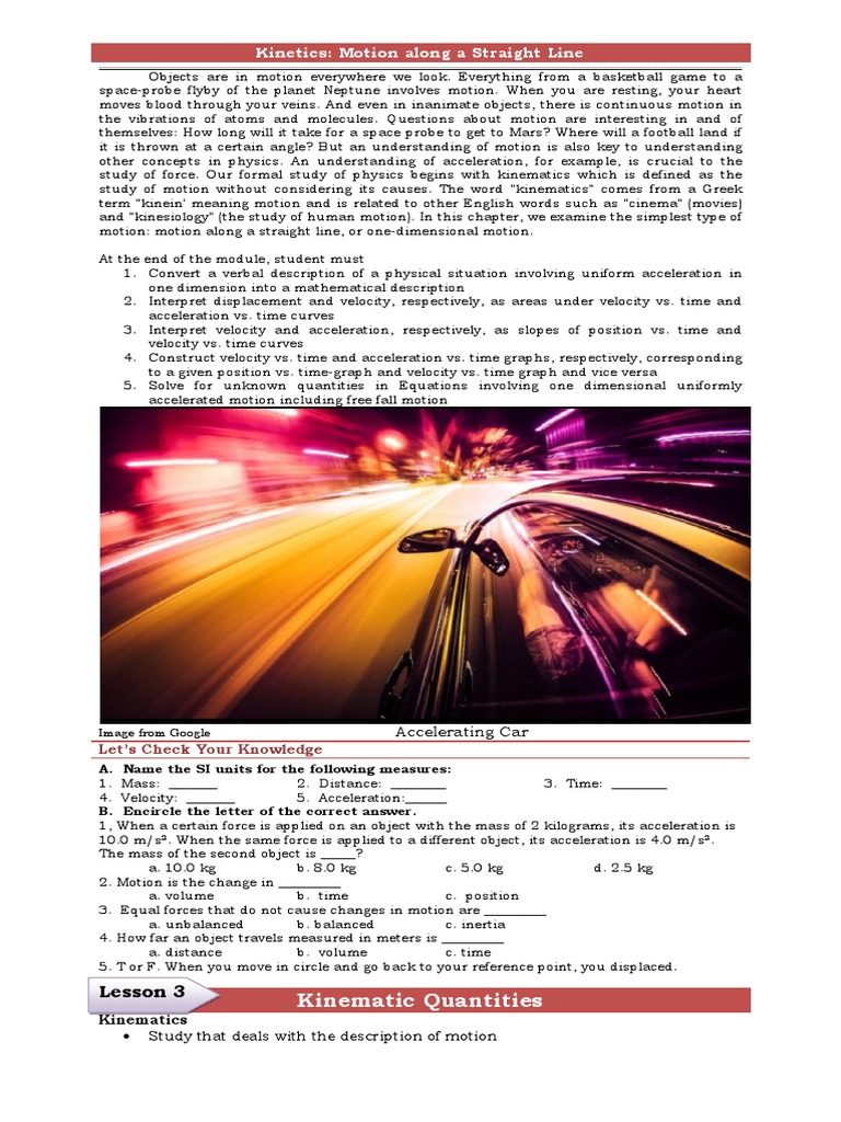 Gen. Physics 1 Unit 1 Lesson 3 Kinematic Quantities | PDF ...
