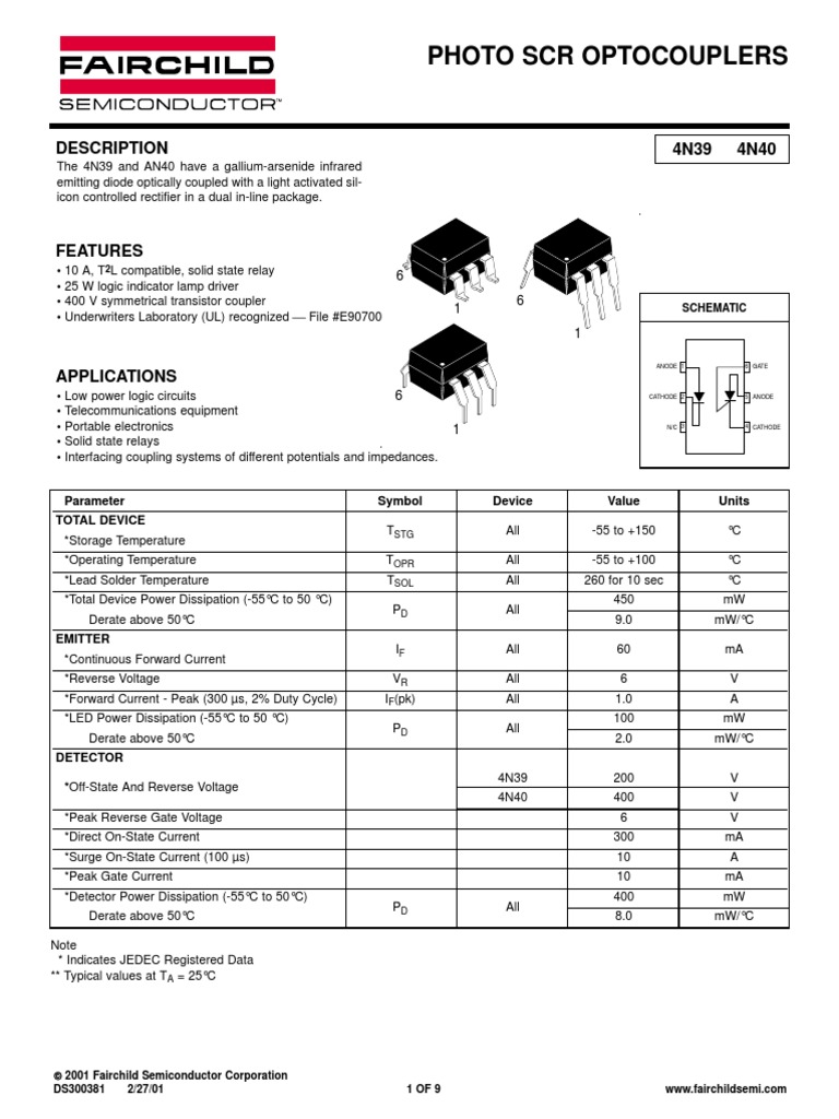 Photo SCR Optocouplers: Description 4N39 4N40 | PDF | Computer ...