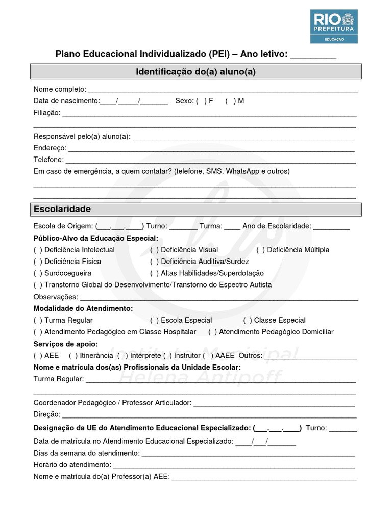 Plano Educacional Individualizado PEI | PDF | Educação Especial ...