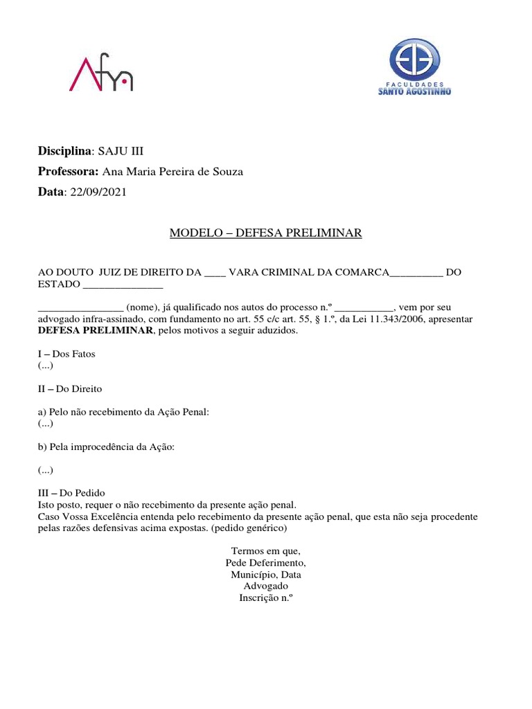 Modelo. Defesa Preliminar. | PDF | Advogado | Direito Penal