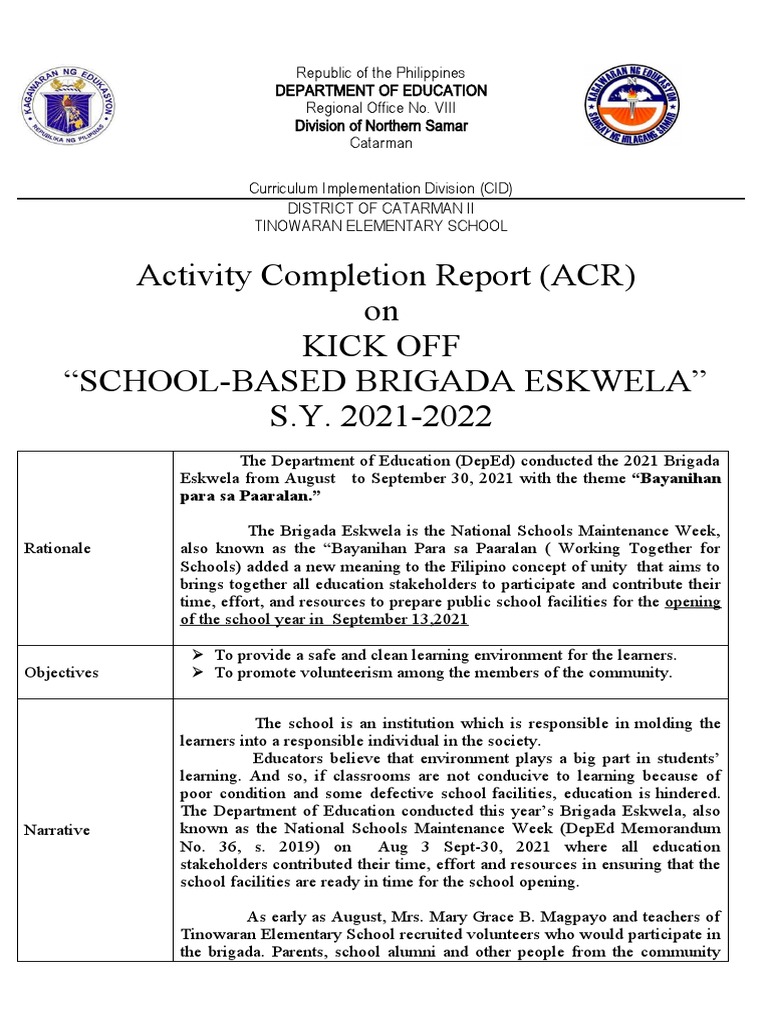 Activity Completion Report (ACR) On Kick Off "School-Based Brigada ...