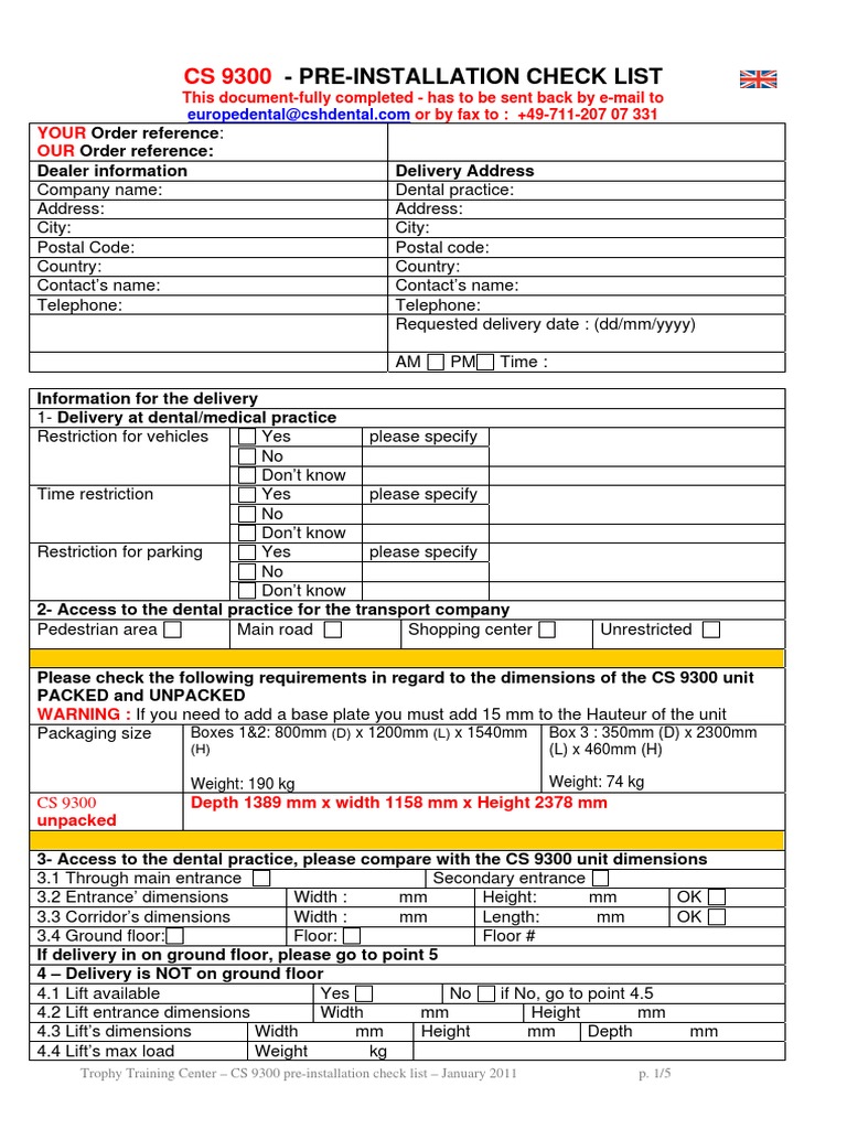 CS 9300 Pre-Installation Checklist | PDF | Stairs | Elevator