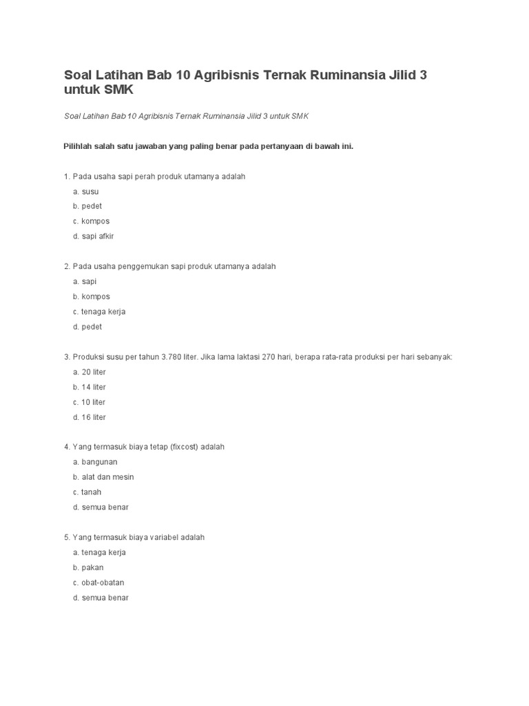 Soal Latihan Bab 10 Agribisnis Ternak Ruminansia Jilid 3 Untuk SMK ...