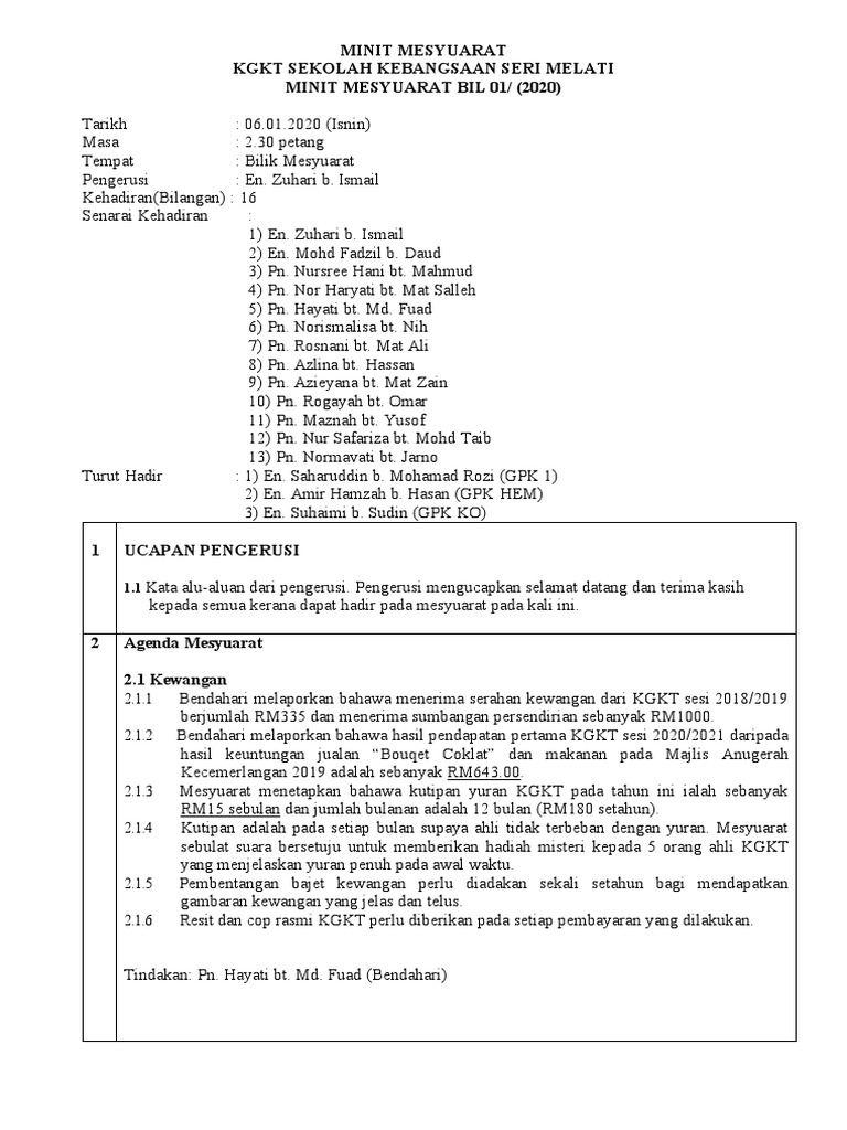 Minit Mesyuarat Kali Pertama KGKT 2020 | PDF