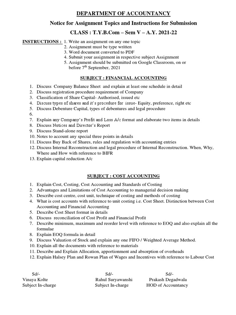 TYBCom Assignment Topics | PDF | Cost Accounting | Valuation (Finance)