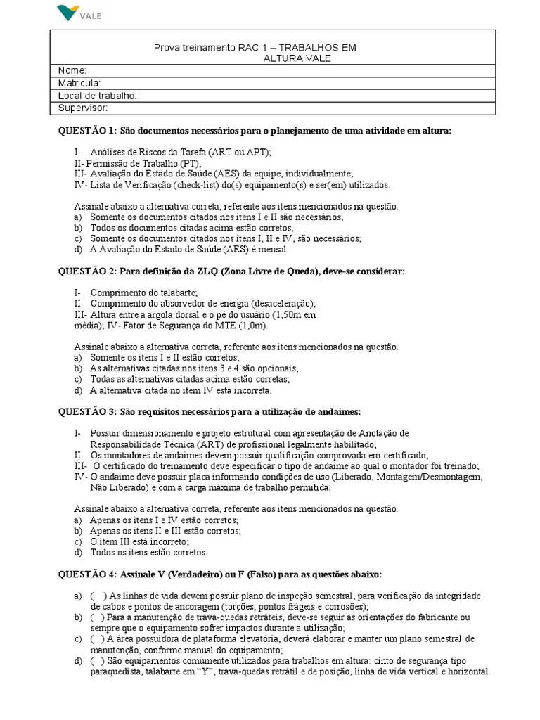 Prova treinamento RAC 1 – TRABALHOS EM ALTURA VALE | PDF