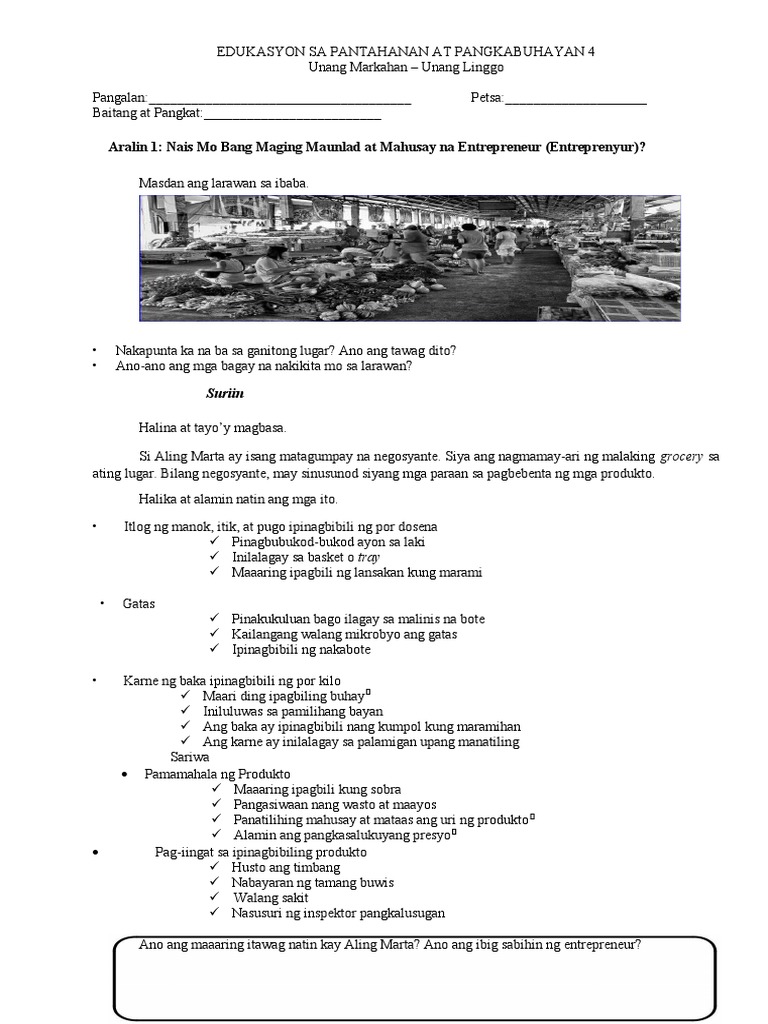 EDUKASYON SA PANTAHANAN AT PANGKABUHAYAN 4 Activity Sheet q1w1 | PDF
