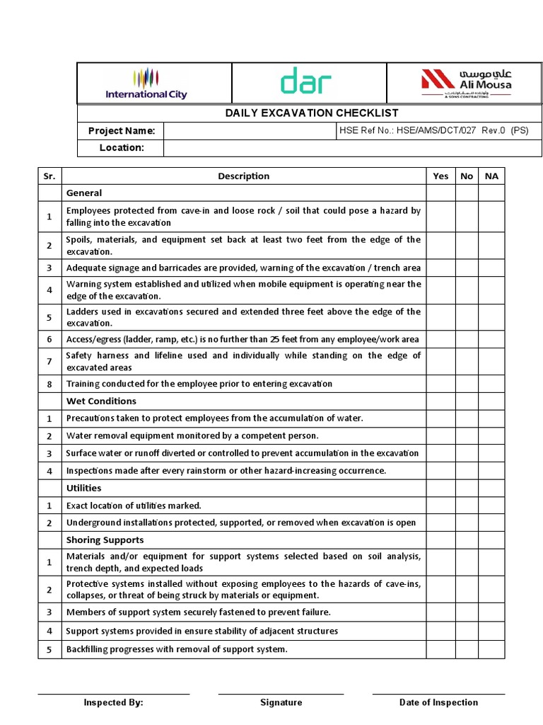 Daily Excavation Checklist | PDF