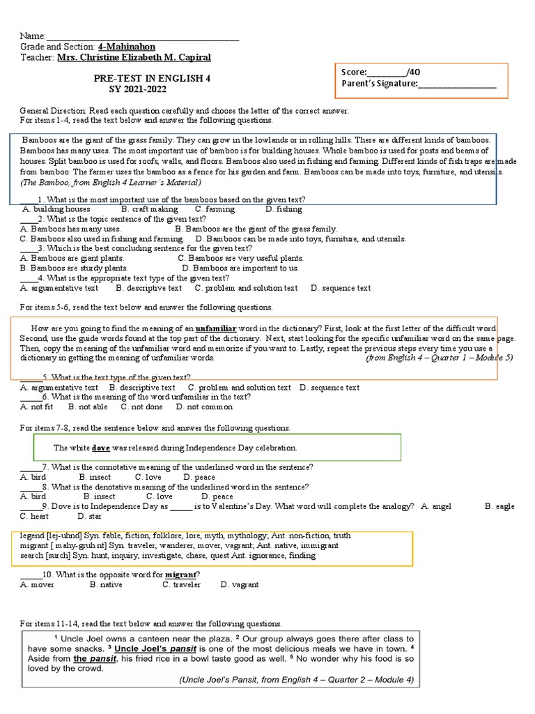 Name: - Grade and Section: 4-Mahinahon Teacher: Mrs. Christine ...