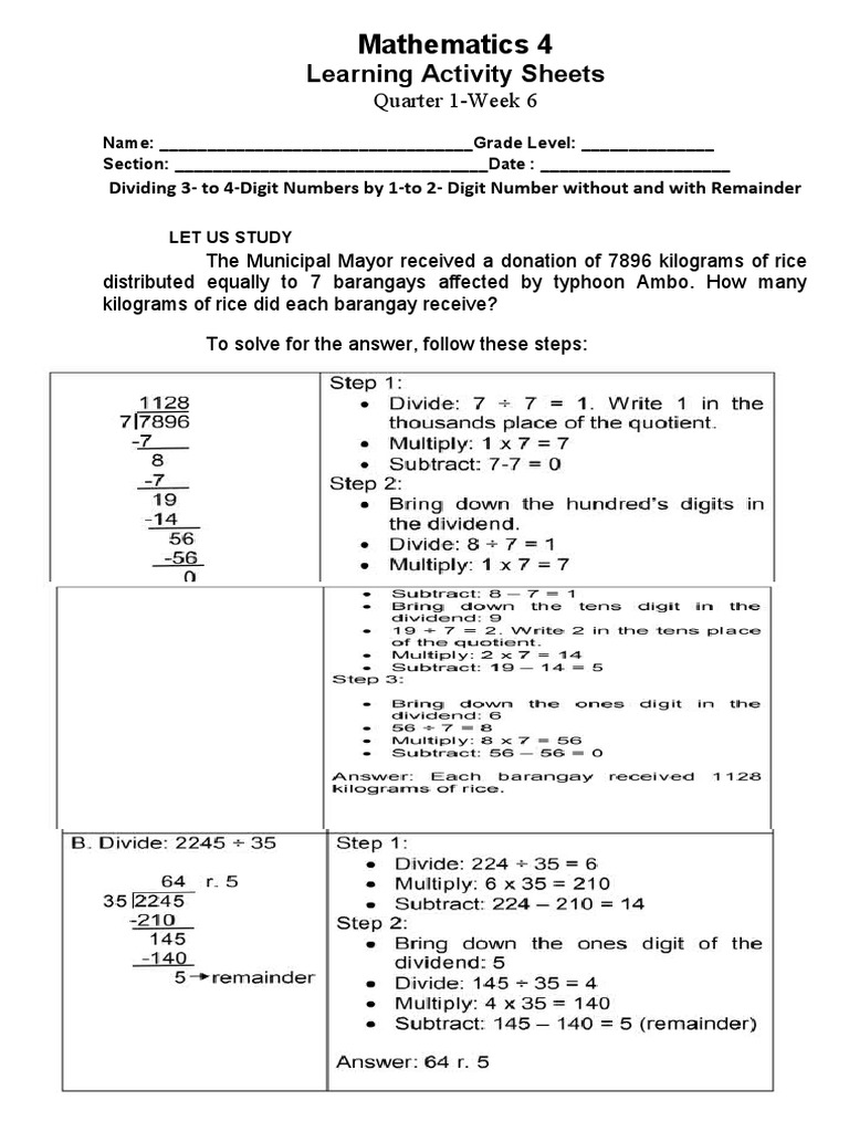 Grade 4 Math Week 6 Activities | PDF | Cooking, Food & Wine