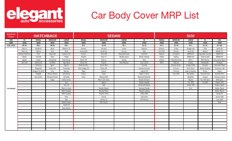 Car Body Cover MRP List | PDF | Land Vehicles | Car Manufacturers