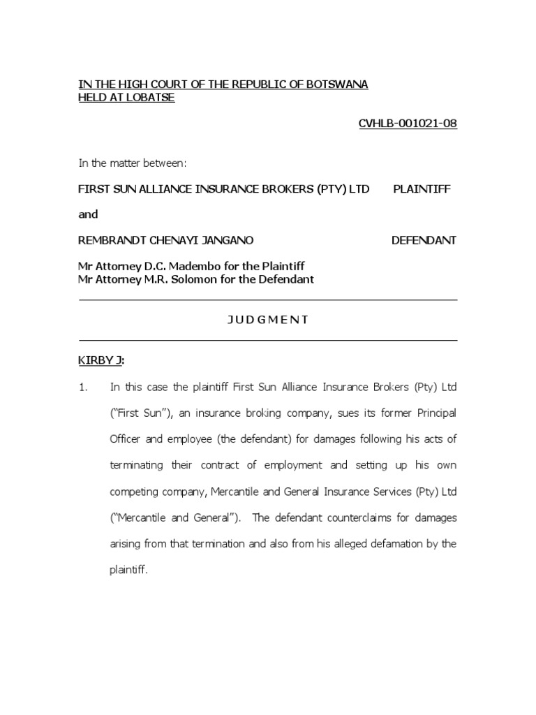 First Sun Alliance Insurance Brokers Case | PDF | Defamation | Damages