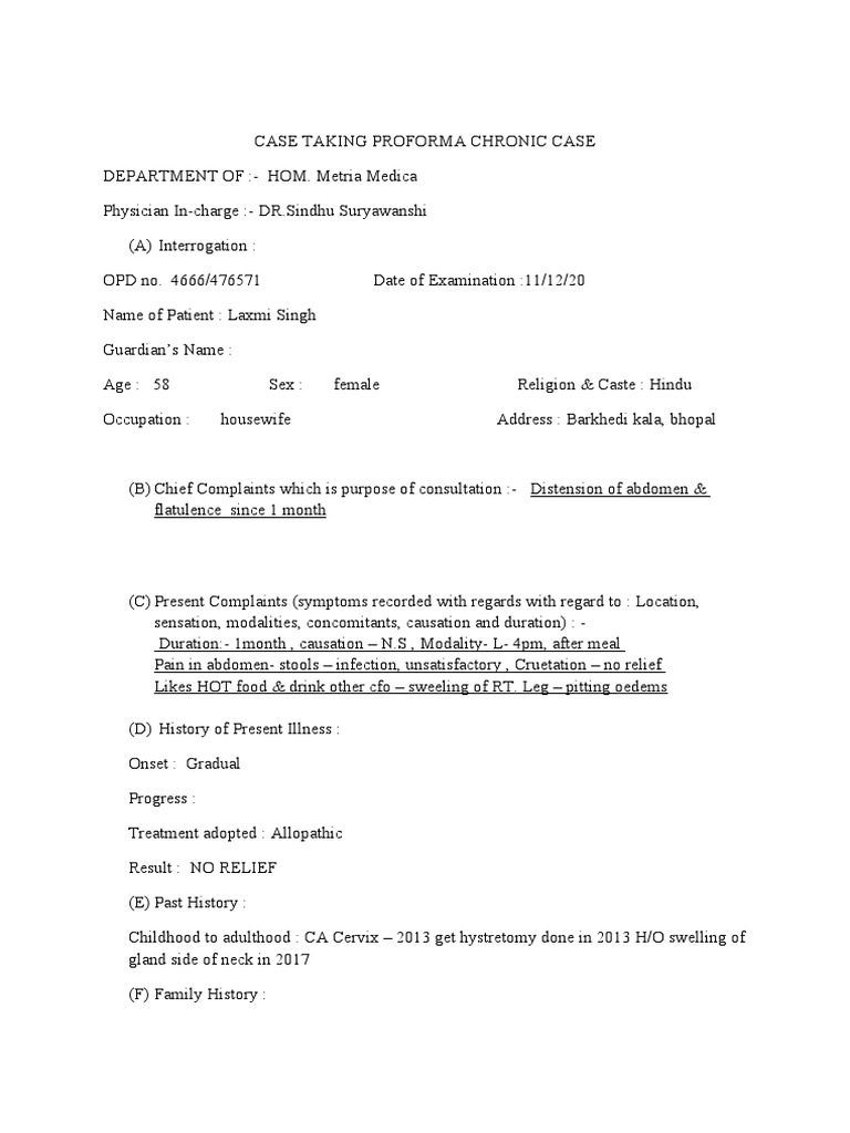 Case Taking Proforma Chronic Case (Laxmi Singh) | PDF | Medical ...
