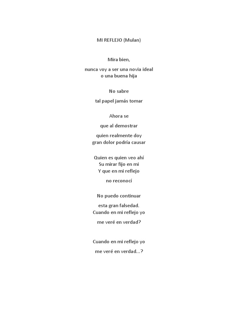 Letra de "Mi Reflejo" - Mulan | PDF