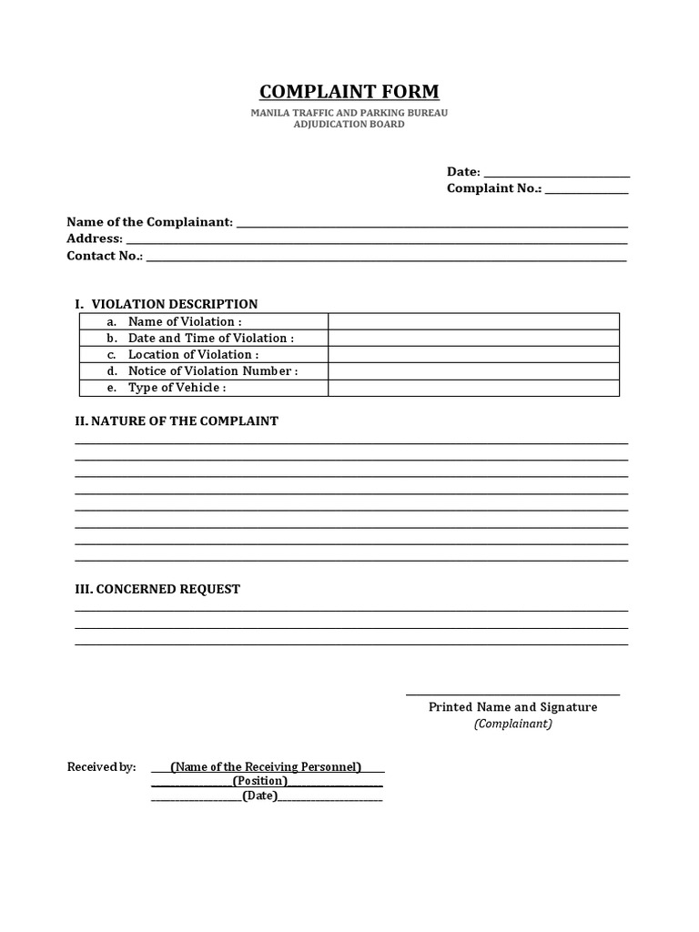 Complaint Form: Manila Traffic and Parking Bureau Adjudication Board | PDF
