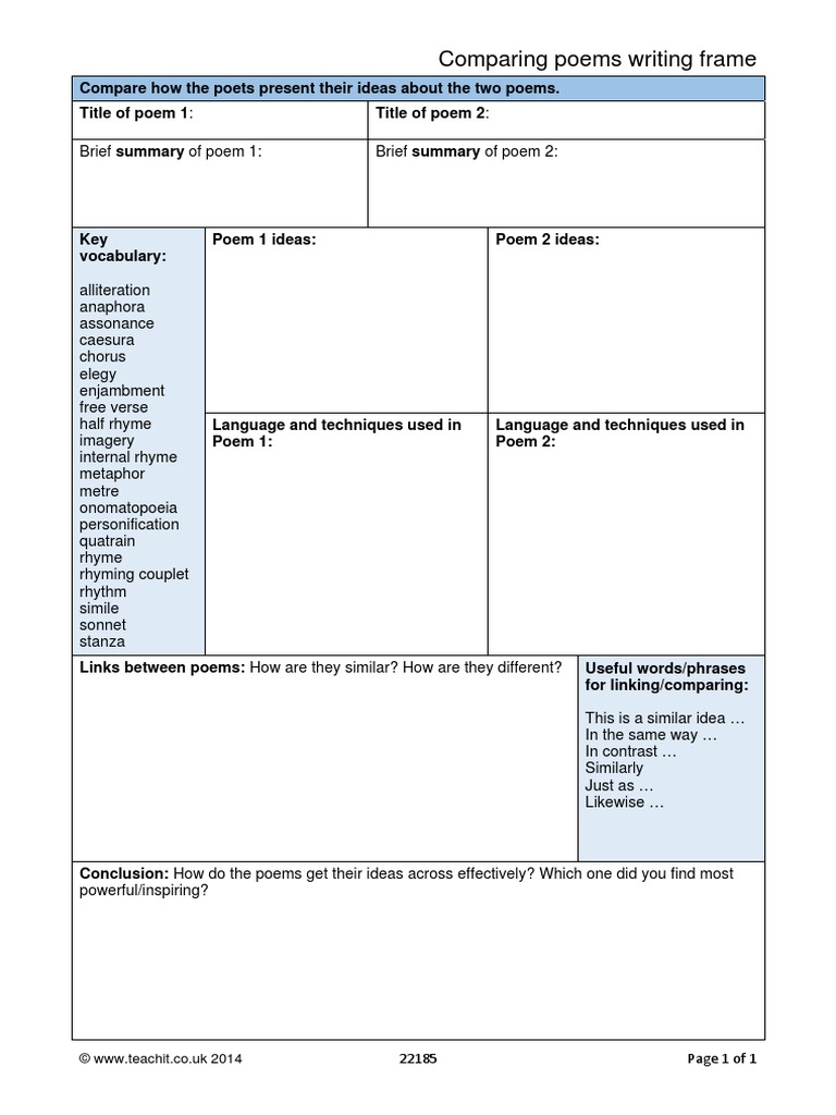 Comparing Poems Writing Frame: © WWW - Teachit.co - Uk 2014 | PDF ...