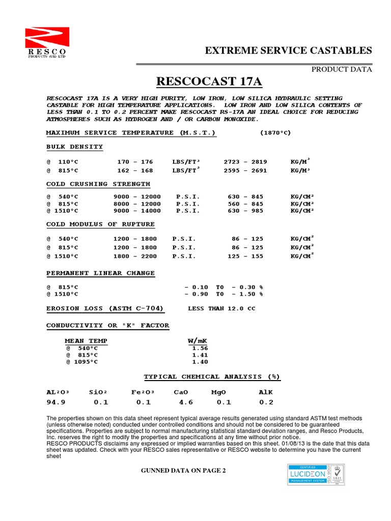 Rescocast 17A: Extreme Service Castables | PDF | Refractory | Silicon ...
