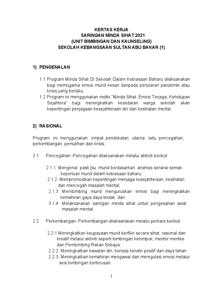 Kertas Kerja Saringan Minda Sihat 2021 | PDF