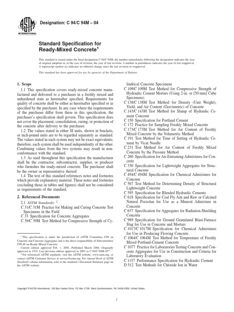 ASTM C 94 - C 94M - 04 Concreto Premezclado | PDF | Concrete | Weighing ... ASTM C 94 - C 94M - 04 Concreto Premezclado | PDF | Concrete | Weighing ...