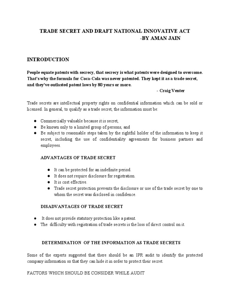 Trade Secret and Draft National Innovative Act | PDF | Trade Secret ...