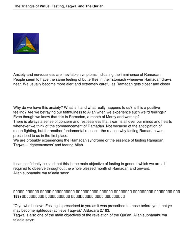 The Triangle of Virtue Fasting Taqwa and The Quran. | PDF | Ramadan | Quran