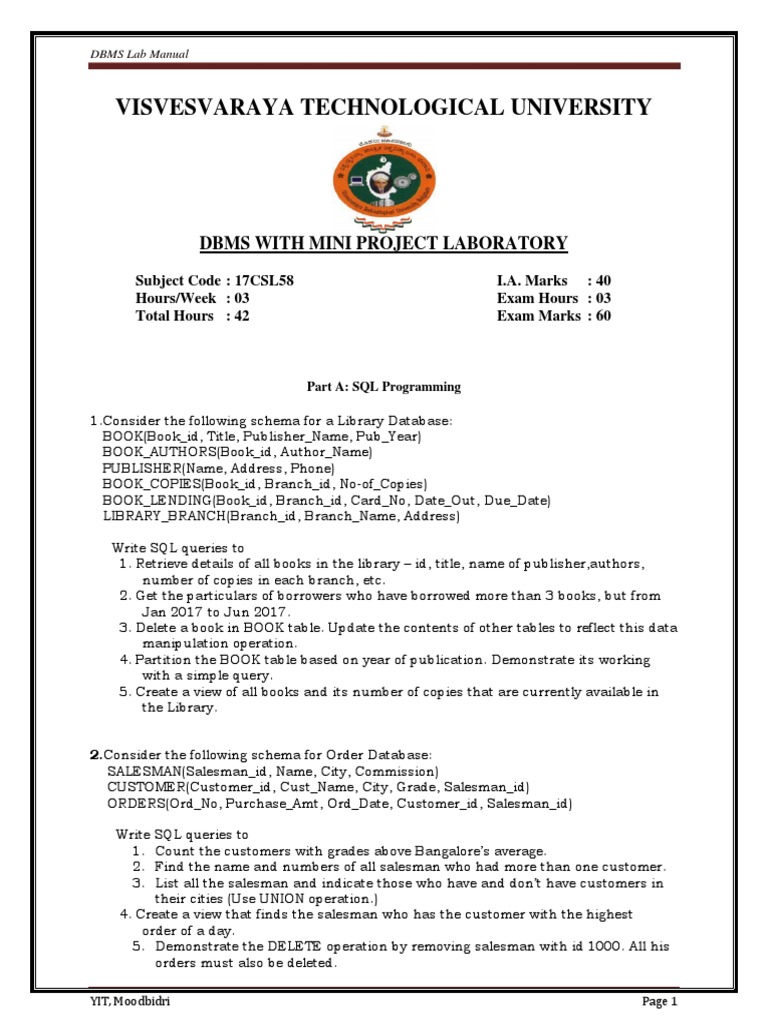 DBMS Lab Manual Guide | PDF | Relational Model | Relational Database