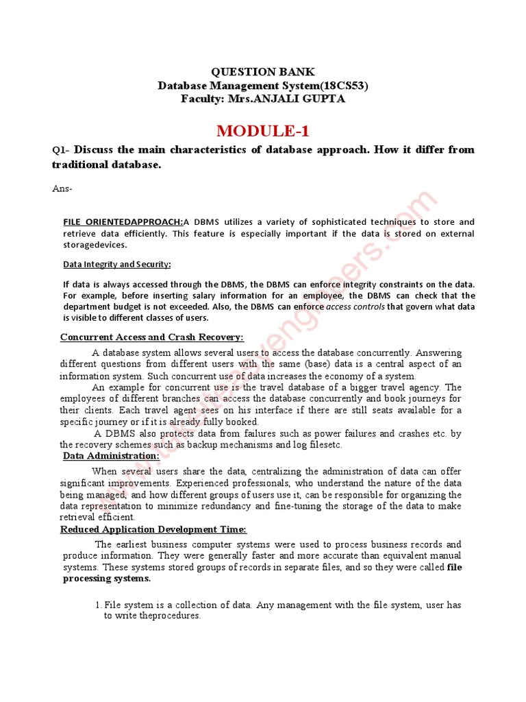 DBMS - QUESTION BANK With Answer TIE | PDF | Databases | Conceptual Model