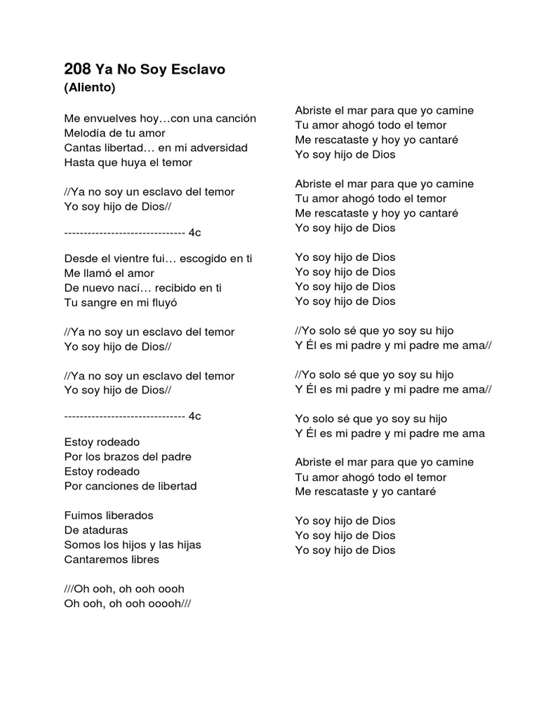 208 Ya No Soy Esclavo - Letras - Ekklesía Estudios | PDF