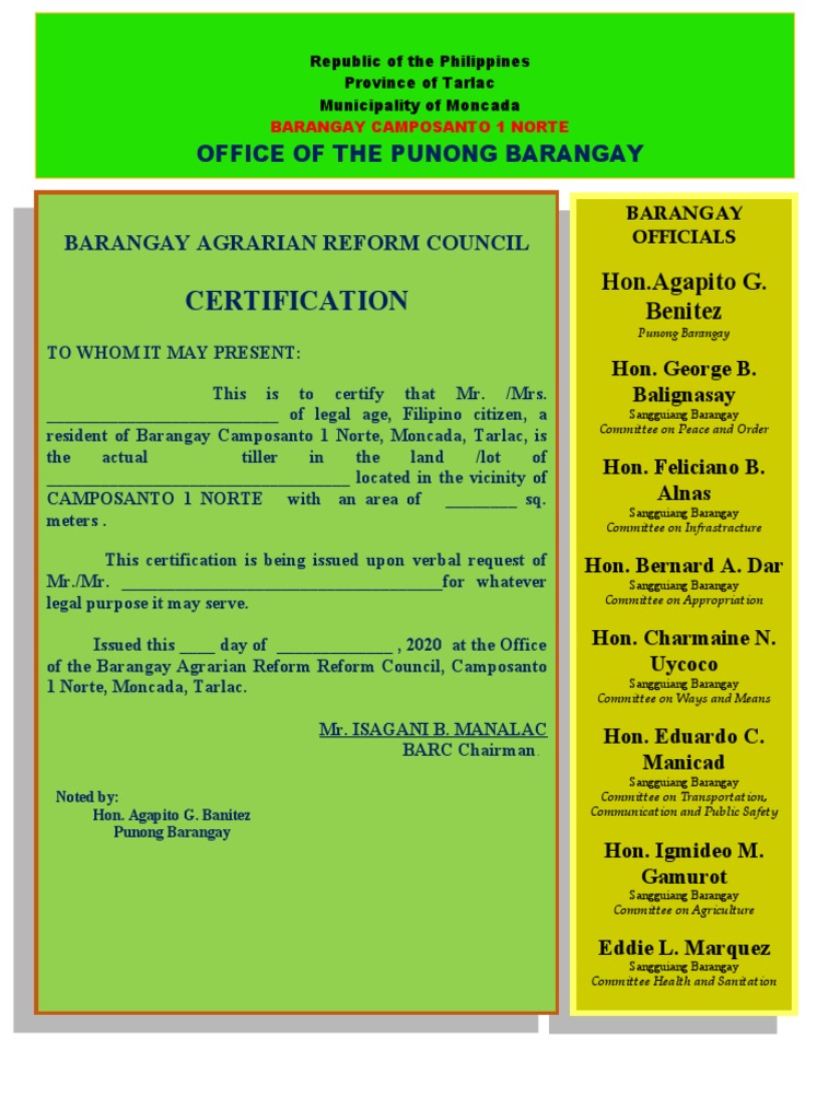 Clearance Certification: Office of The Punong Barangay | PDF