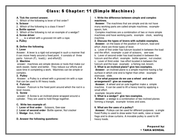 Class: 5 Chapter: 11 (Simple Machines) | PDF | Lever | Machines