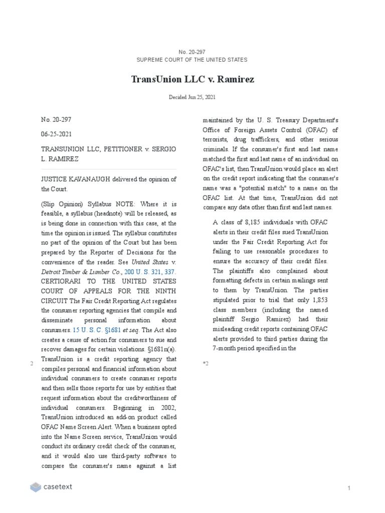 TransUnion LLC v. Ramirez | PDF | Standing (Law) | Lawsuit