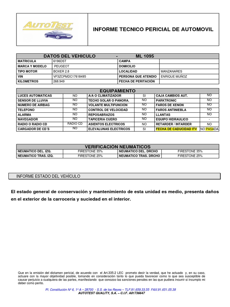 Informe Tecnico Pericial De Automovil Pdf Coche Vehículo De Motor