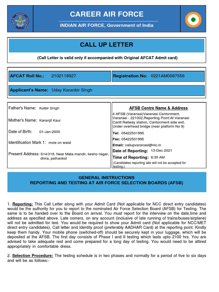 Career Air Force: Call Up Letter | PDF | Identity Document