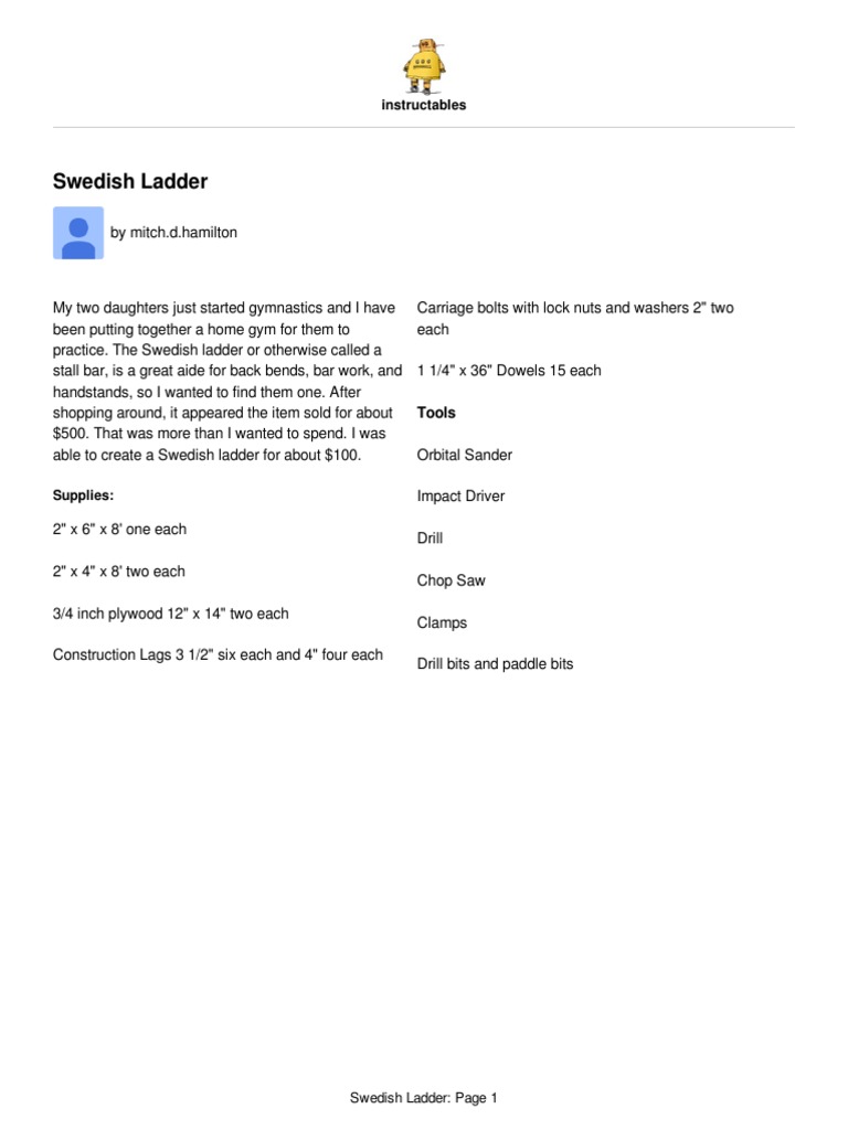 Swedish Ladder DIY: Build Your Own for Under $100 | PDF | Screw | Drill