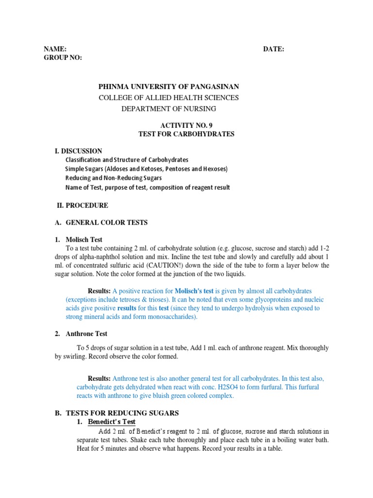 (Bio 024) Biochemistry Lab Activity 9 Test For Carbohydrates | PDF ...