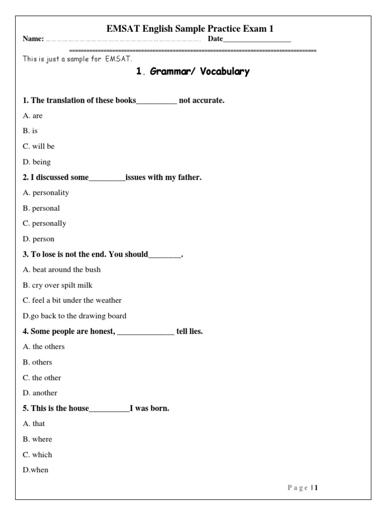 EMSAT English Sample Practice Exam 1: 1. The Translation of These Books ...
