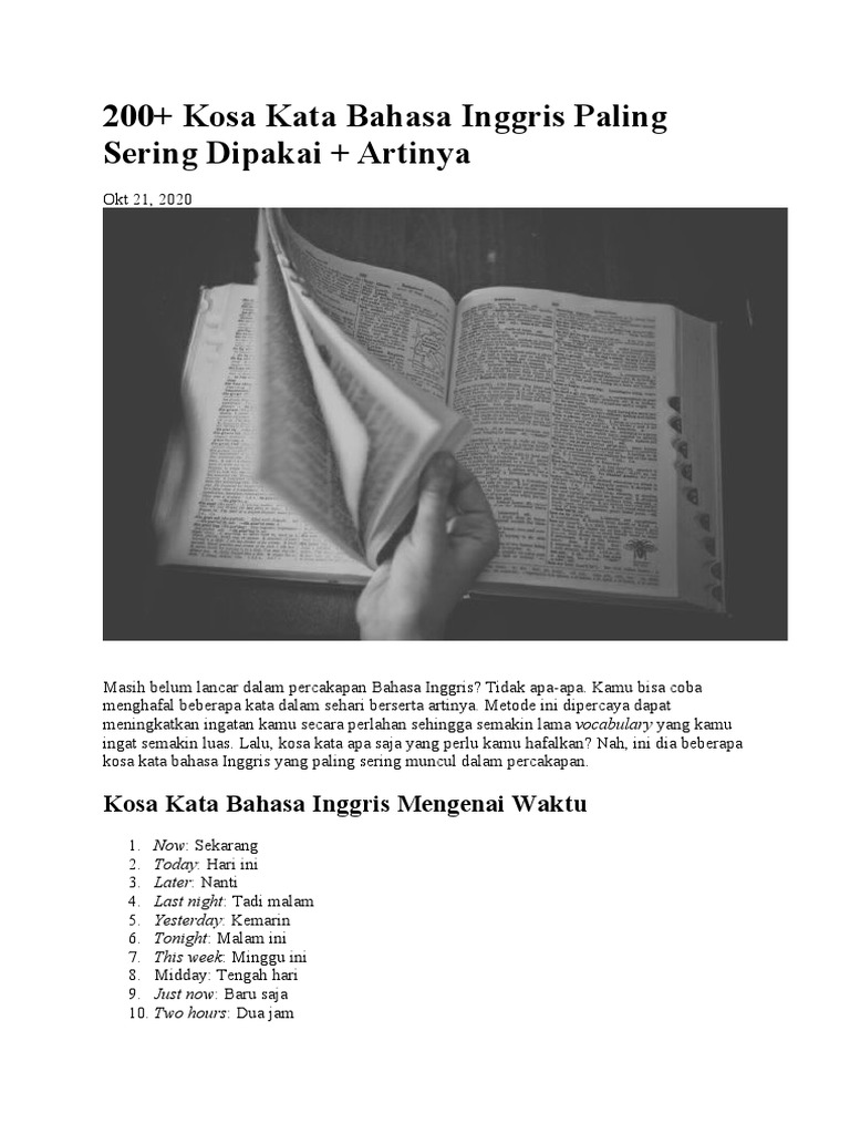 200+ Kosa Kata Bahasa Inggris Paling Sering Dipakai + Artinya | PDF