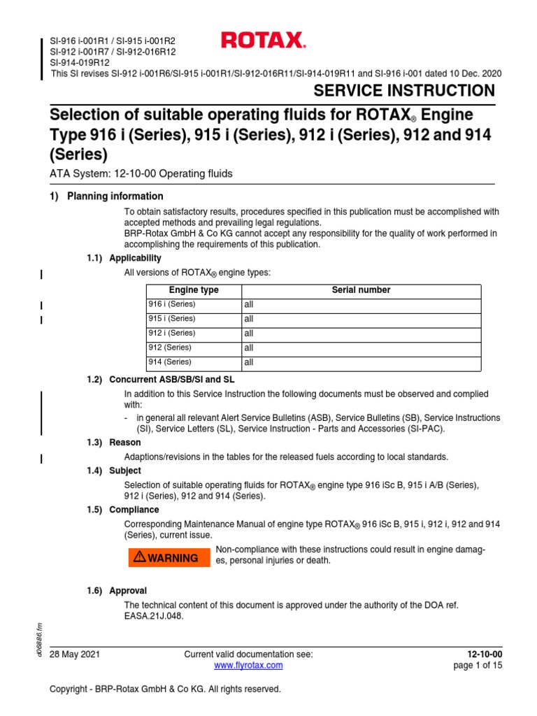 Service Instruction Selection of Suitable Operating Fluids For ROTAX ... Service Instruction Selection of Suitable Operating Fluids For ROTAX ...
