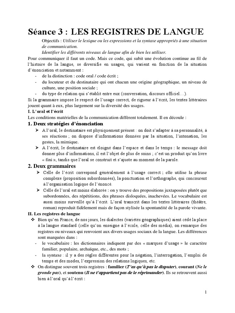 Séance 3 Les Registres de Langue | PDF | Linguistique | Communication ...