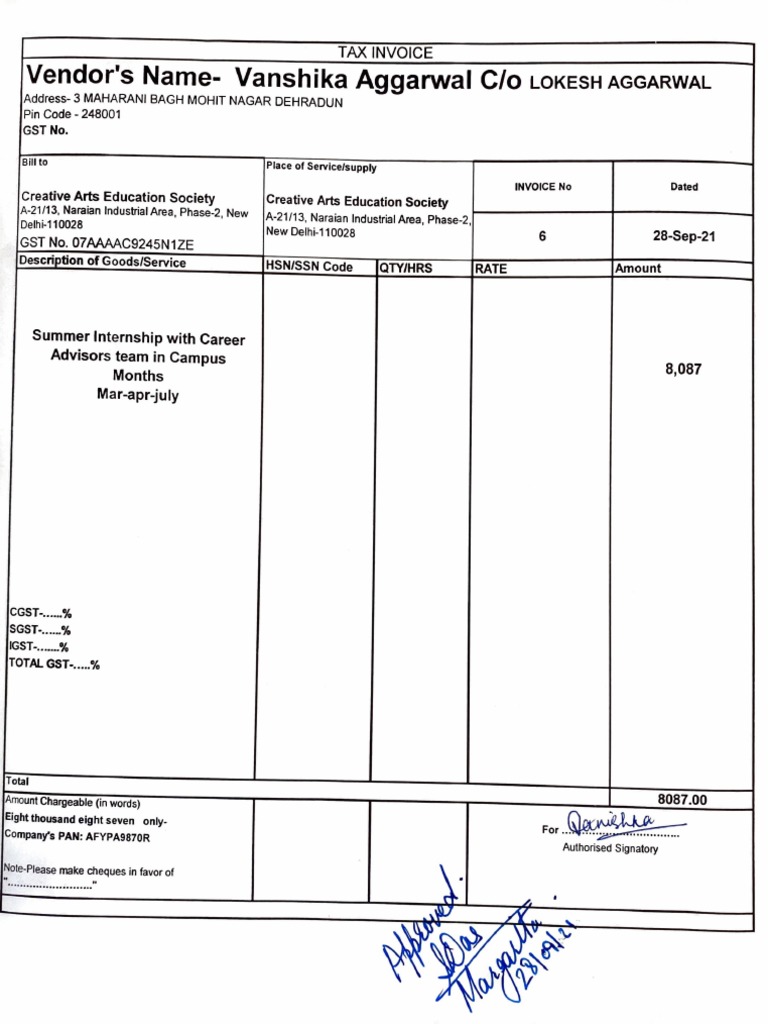 Vanshika Tax Invoice (Mar-July) | PDF