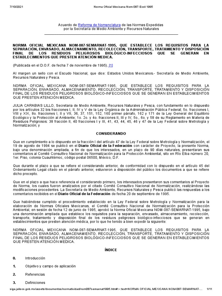 Norma Oficial Mexicana Nom 087 Ecol 1995 | PDF | Residuos | Laboratorios
