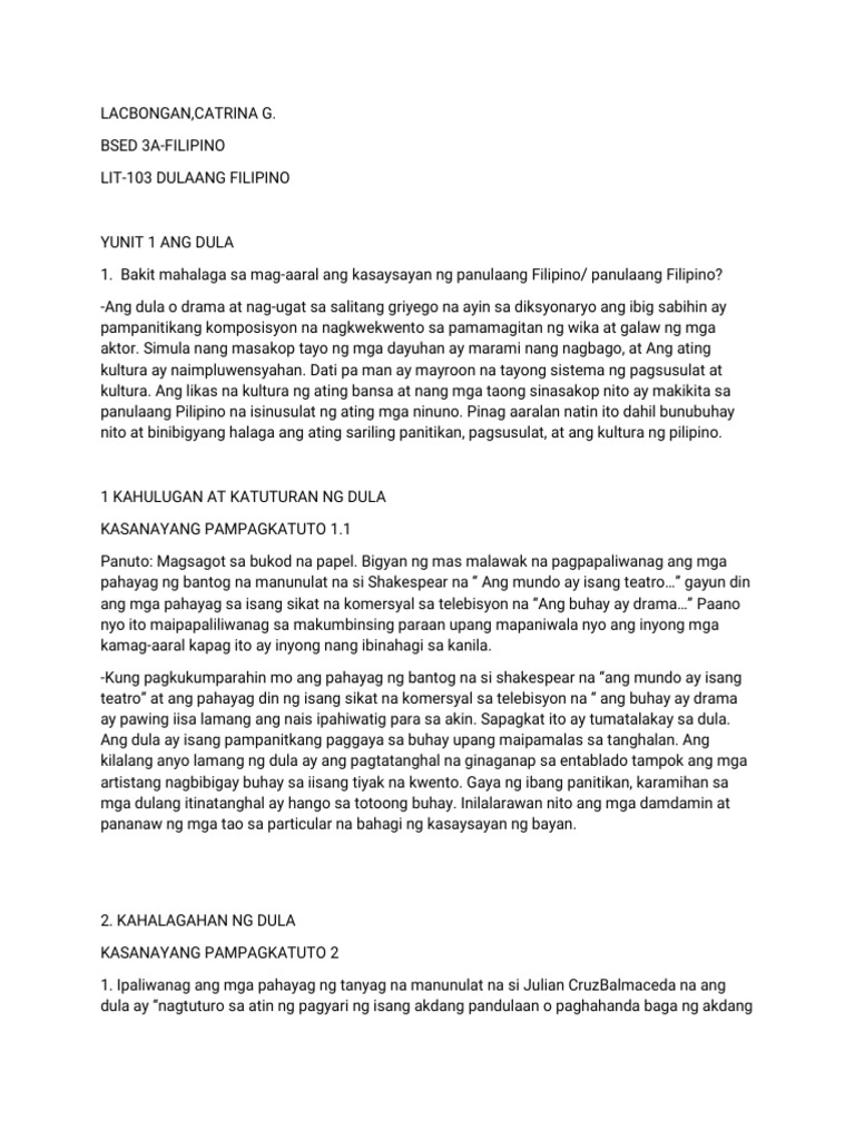 LIT 107 DULAANG FILIPINO-PRELIMS - Cathrine Lacbongan | PDF