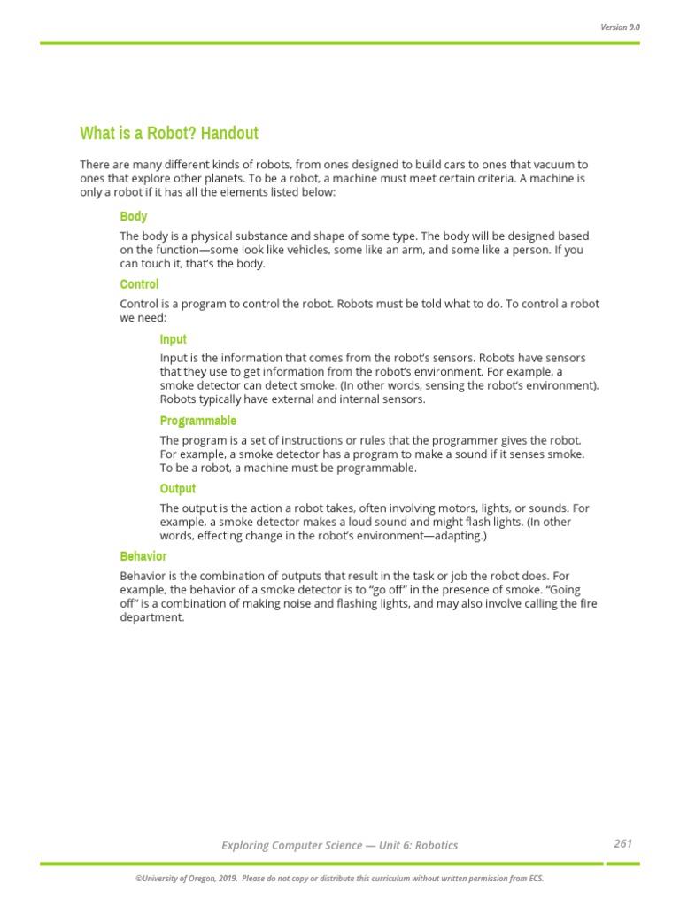 What Is A Robot? Handout: 261 Exploring Computer Science - Unit 6 ...