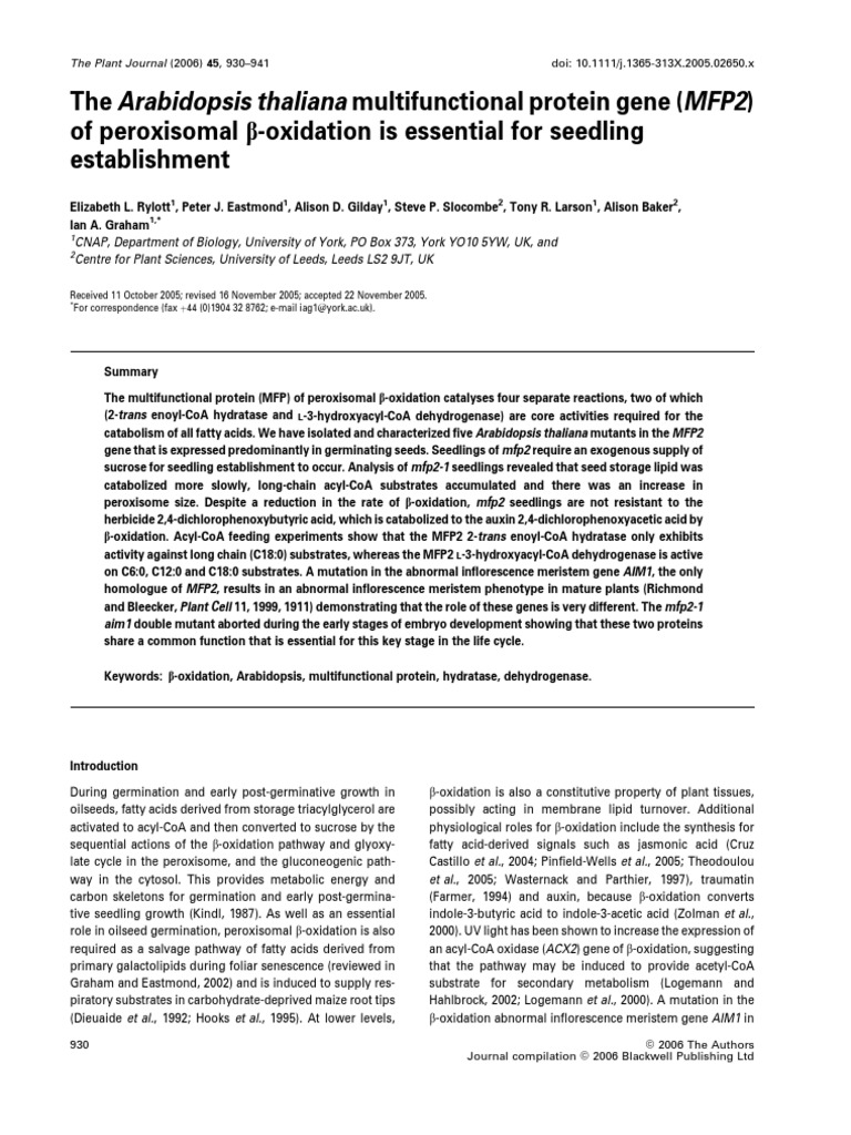Rylott El Al 2006 the Arabidopsis Thaliana Multifunctional Protein Gene ...