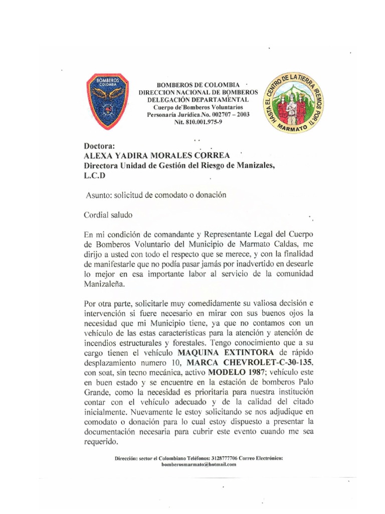 Oficio Solicitud Comodato Carro Vehiculo Rapido Desplazamiento Maquina Extintora. | PDF