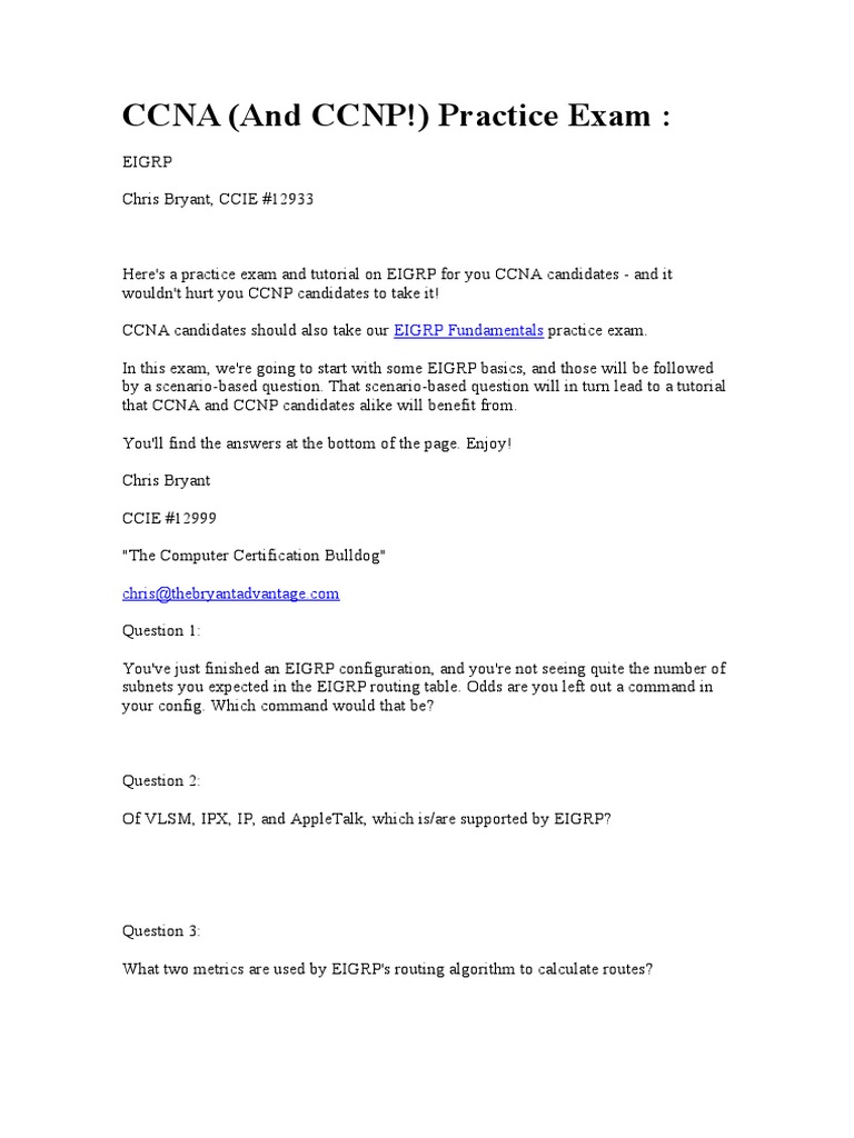 CCNA (And CCNP!) Practice Exam:: EIGRP Fundamentals | PDF | Computer ...