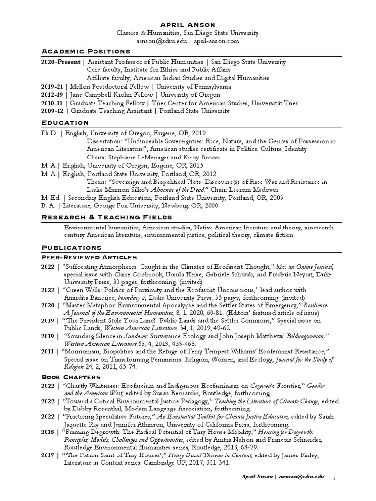 April Anson: Peer-Reviewed Articles | PDF | Ecofeminism | University