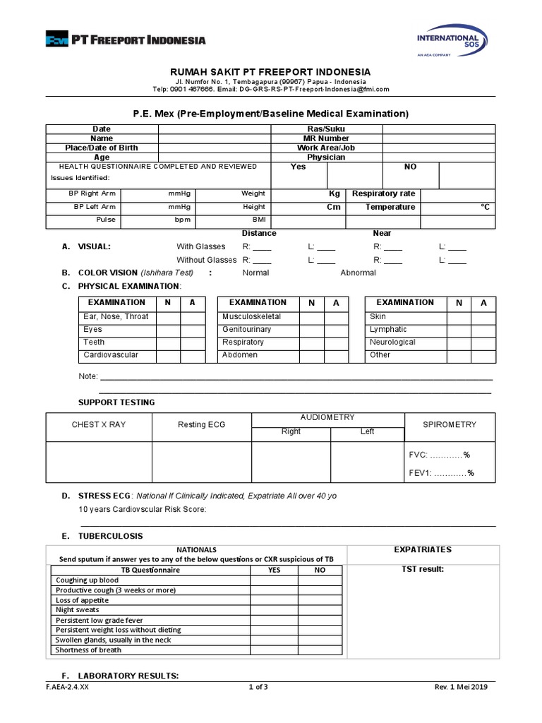 Pre-Employment Medical Checklist | PDF | Tuberculosis | Physical ...