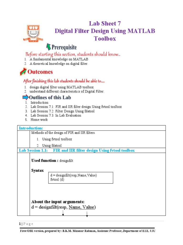 Lab Sheet 7 Digital Filter Design Using MATLAB Toolbox: D Designfilt (Resp, Name, Value) | PDF ...